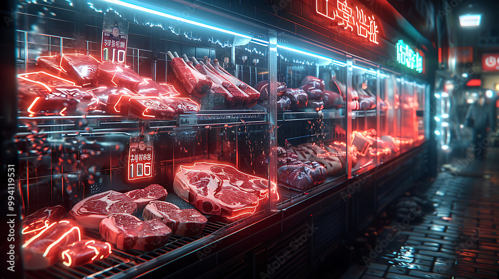 Meat aisle with various cuts displayed in a refrigerated grocery ...