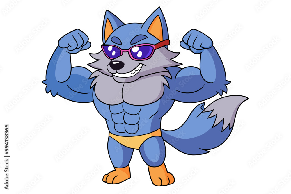 Wolf in Sunglasses Flexing, Cool Wolf Vector Illustration, Flat Color ...