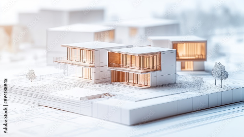 architectural model of houses on blueprint draw isolated on white ...