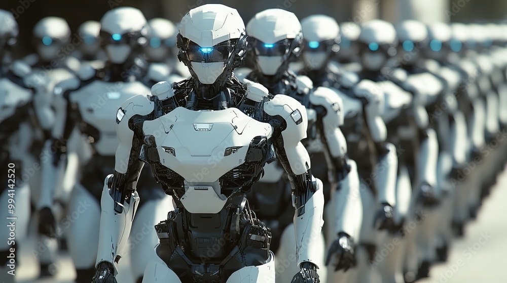 army of white android robot soldiers marching, concept of modern ...