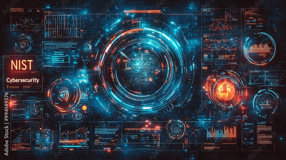 A detailed high-tech digital interface featuring the words 'NIST ...