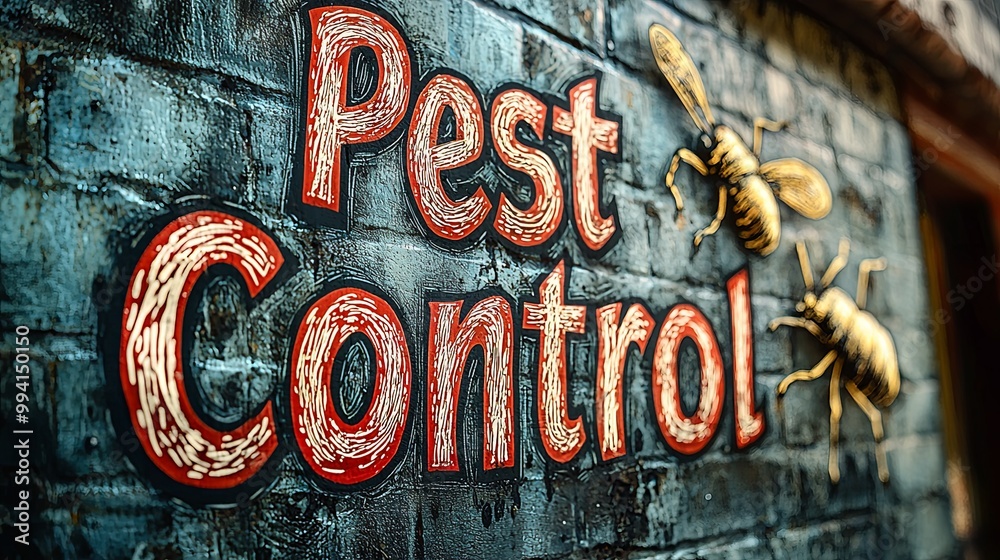 An artistic depiction of a 'Pest Control' service sign featuring bugs ...