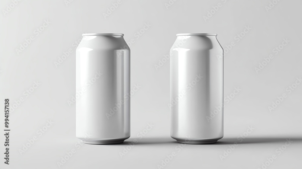 Two blank white cans positioned side by side on a clean, minimalist ...