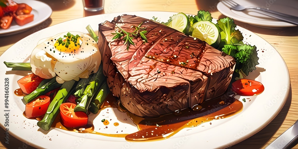 anime style illustration of a perfectly cooked steak served with ...