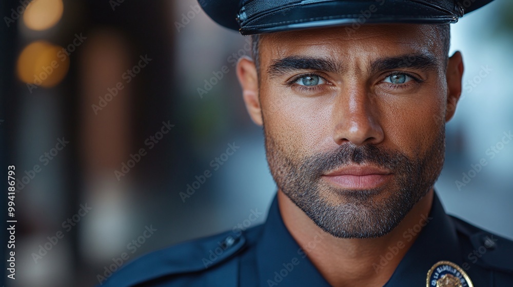 portrait of a male police officer in uniform with a close-up focus on ...