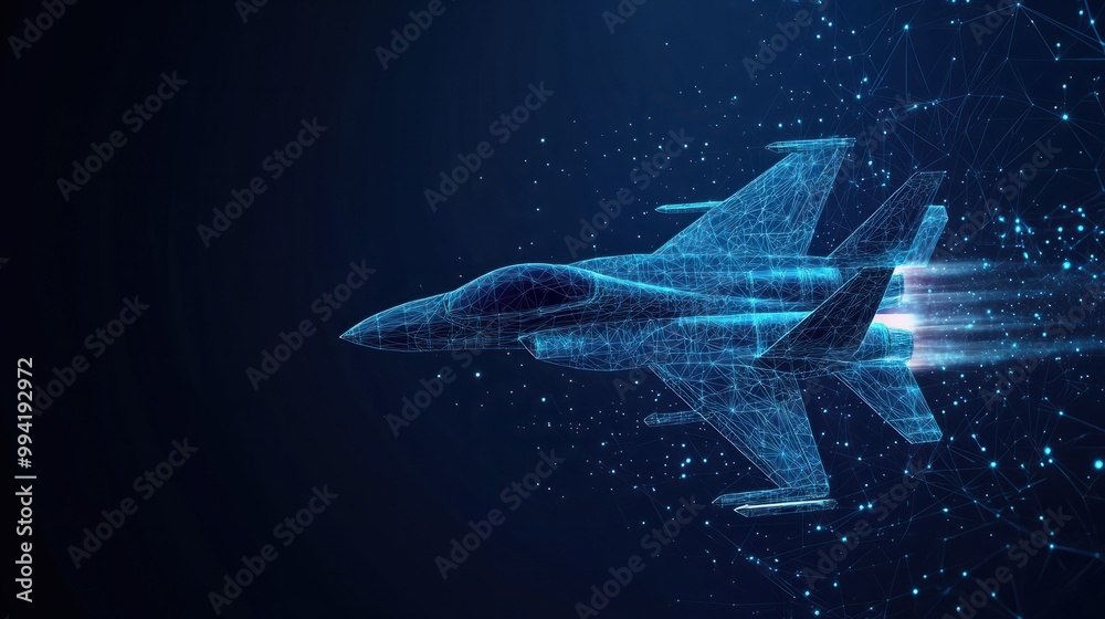 Blue abstract polygonal points showing a fighter jet in flight. Low ...