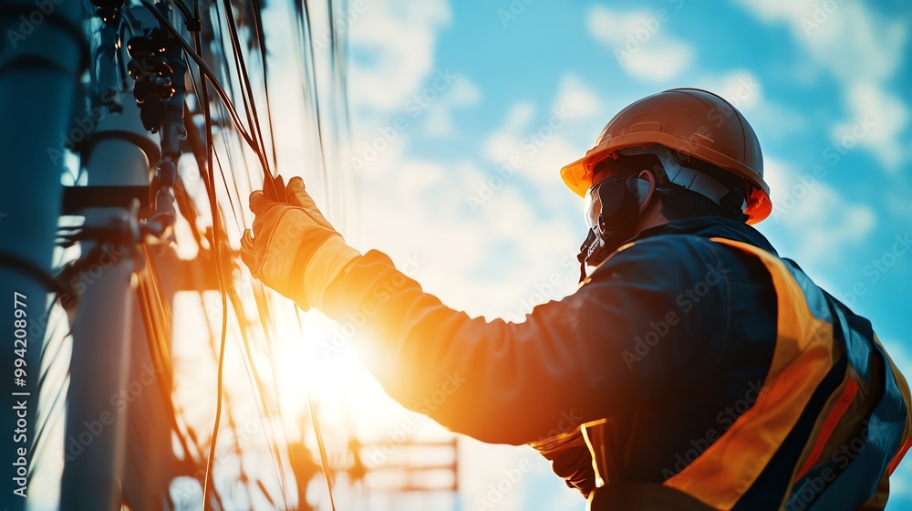Electrician working on power lines at sunset, wearing safety gear ...