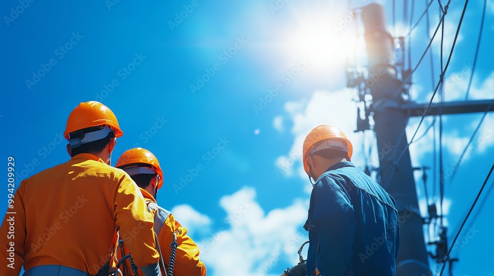 Three workers in safety helmets observe a power line under a bright sun ...
