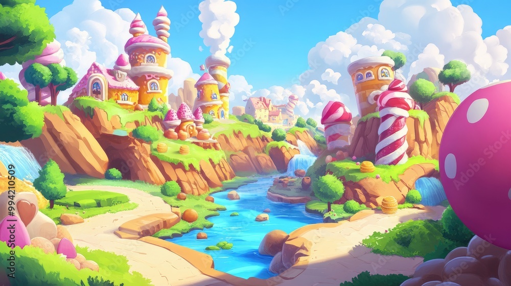 Candy themed game interface design featuring a whimsical 2D menu layout ...