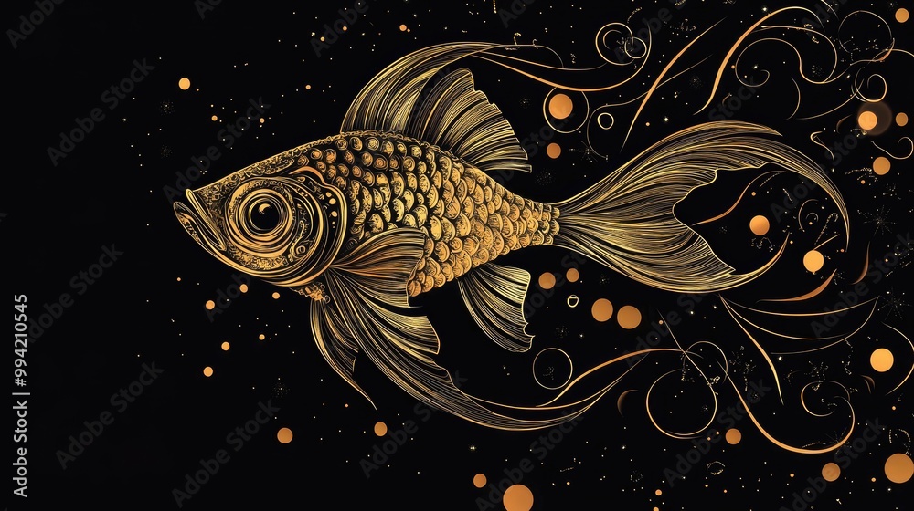 Stylized golden fish with a magical touch Hand drawn black contour 2D ...