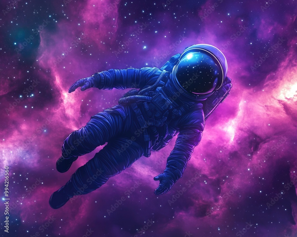 Fantasy cartoon spaceman in a helmet and spacesuit drifts through stars ...