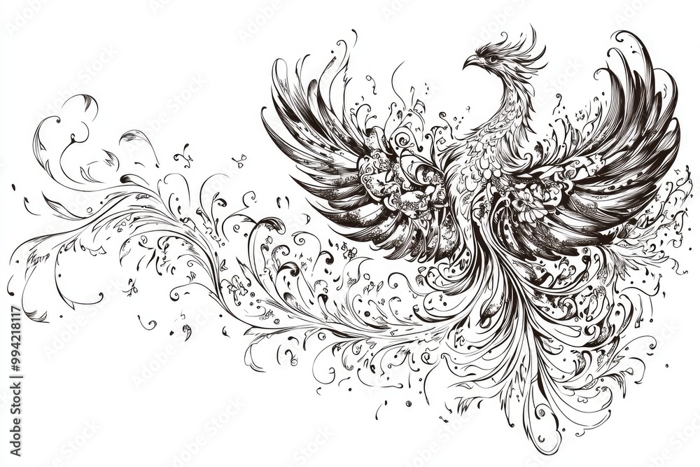 Stunning line art of a Phoenix ideal for tattoo designs featuring a 2D ...