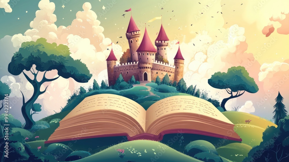Cartoon illustration of an open fairytale book featuring a magical ...