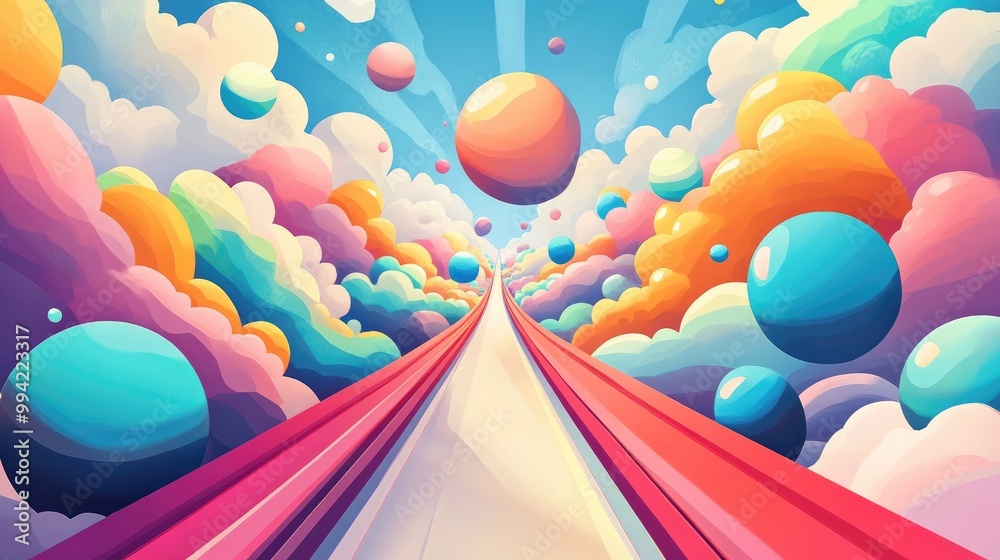 Surreal 2D cartoon illustration featuring vibrant psychedelic clouds ...
