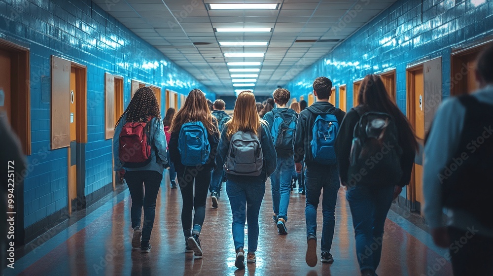 a diverse group of students walking through the hallway of their high ...