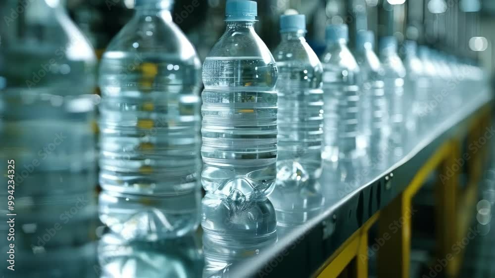 video of Plastic bottles with blue caps travel along a conveyor belt in ...