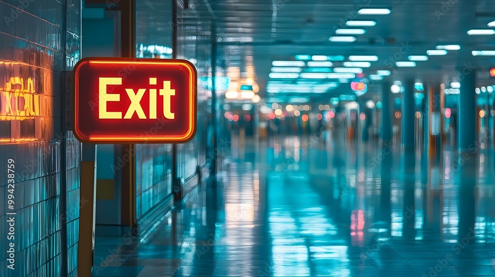 Glowing illuminated Exit sign in an airport terminal highlighting the ...