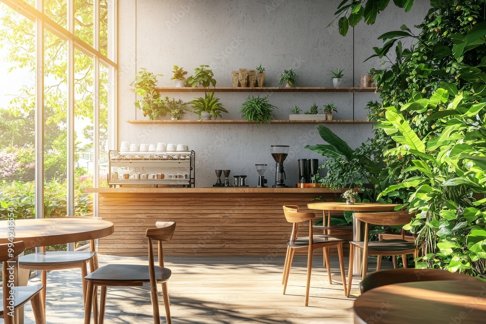 This wooden cafe interior design has a vintage style, decorated with ...
