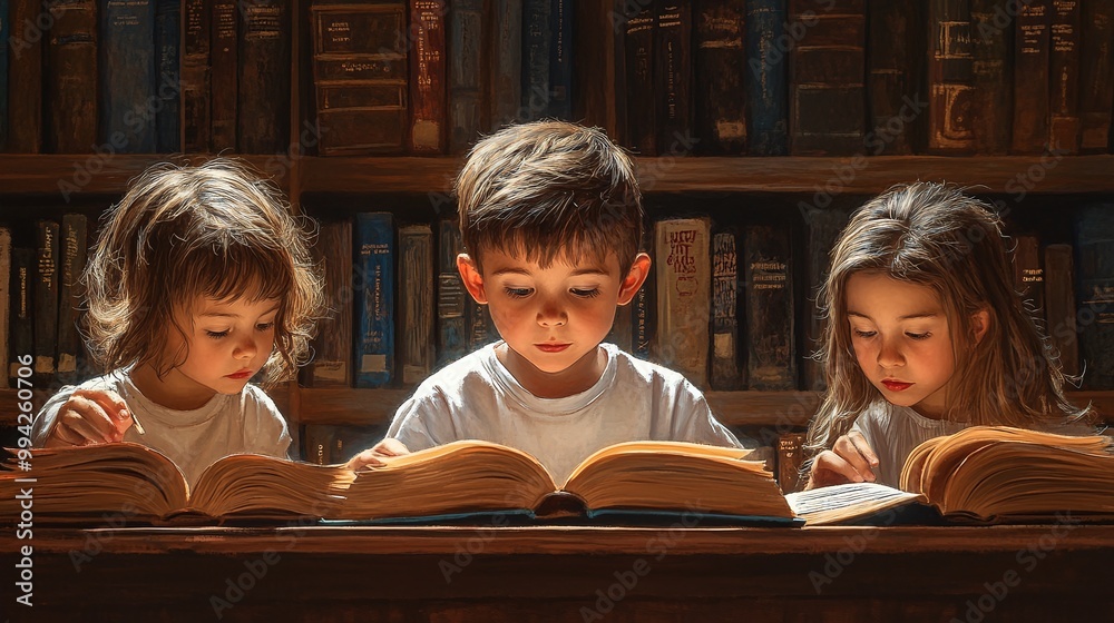 children enjoying their time exploring books in a library filled with ...