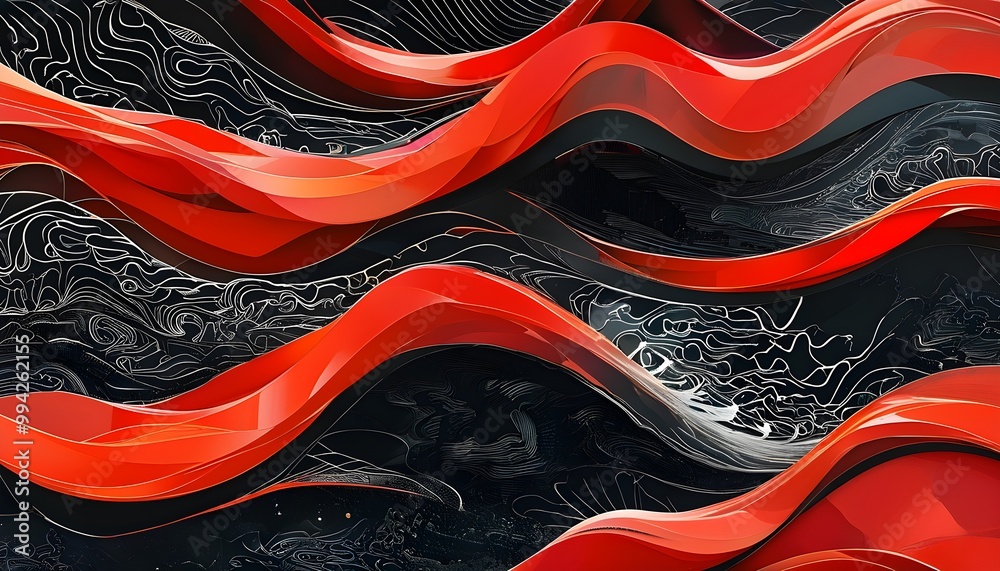 dynamic red chaos with black patterns and abstract wave designs for ...