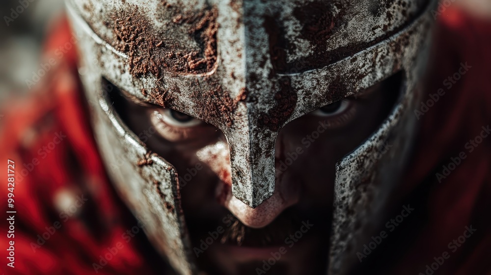 A detailed close-up of a knight’s face is mostly covered by a helmet ...