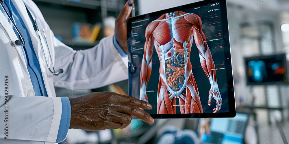 Doctor using tablet to explain human anatomy with digital diagram ...