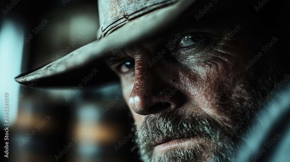 This close-up image captures the details of a rustic cowboy hat, with a ...