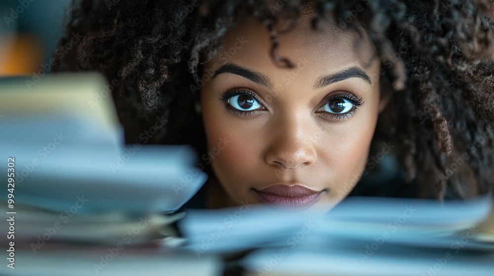 businesswoman looking over a stack of documents, handling office work ...