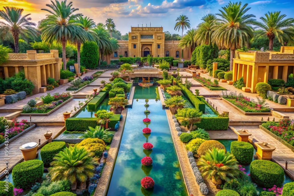Lush and Vibrant Gardens of Babylon with Exotic Plants, Water Features ...