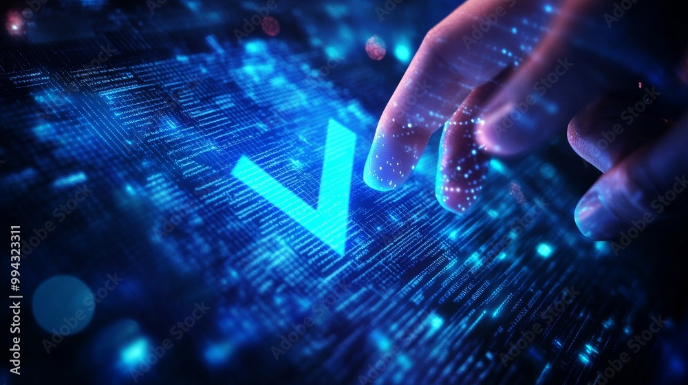 An image of a hand holding a glowing check mark icon against a dark ...