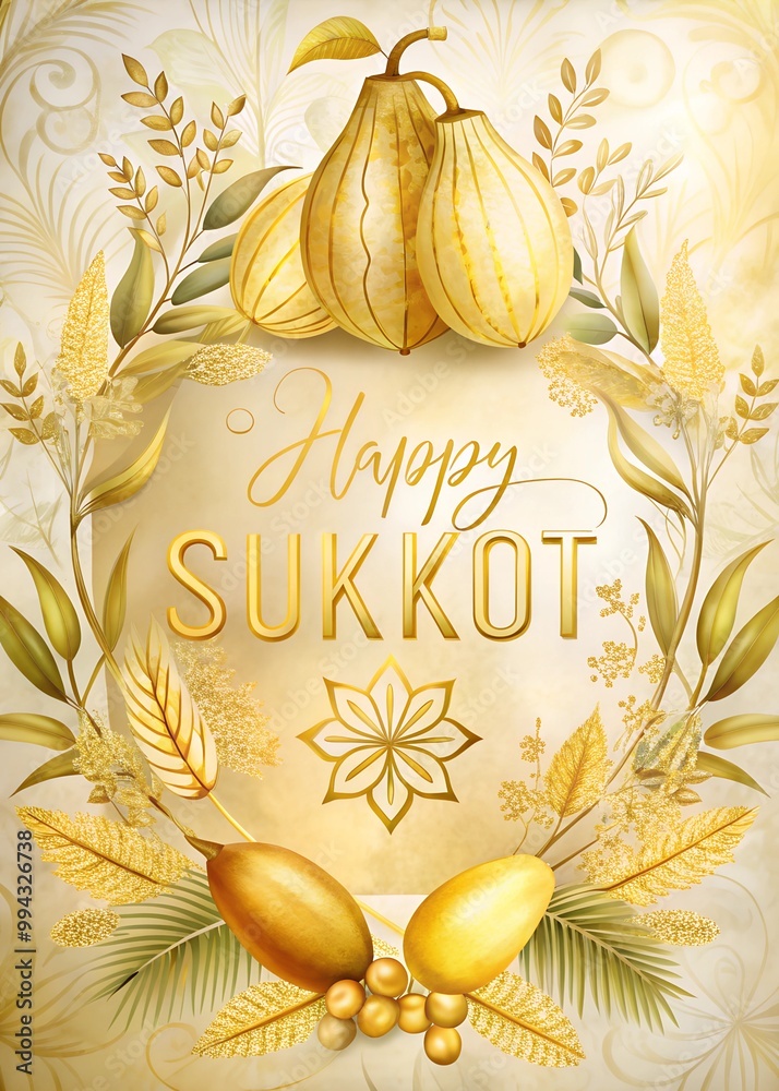 Elegant Sukkot card featuring gold foil etrog and lulav motifs with ...