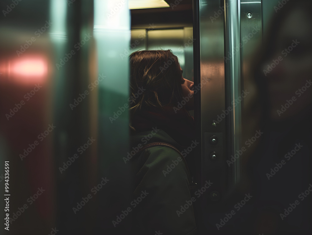A claustrophobic individual trapped in a packed elevator, feeling ...