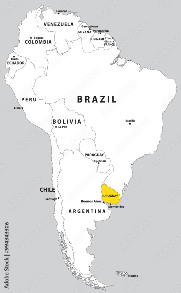 Highlighted map of URUGUAY inside detailed blank flat political map of ...