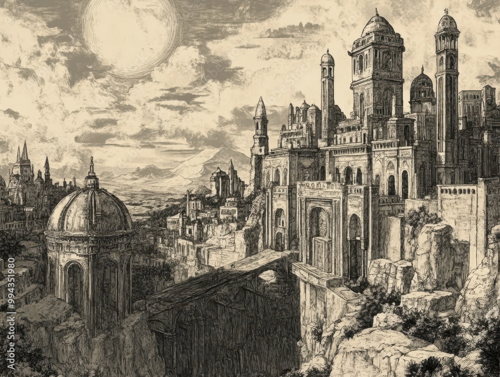 Ancient cityscape in old engraving style with intricate details and ...