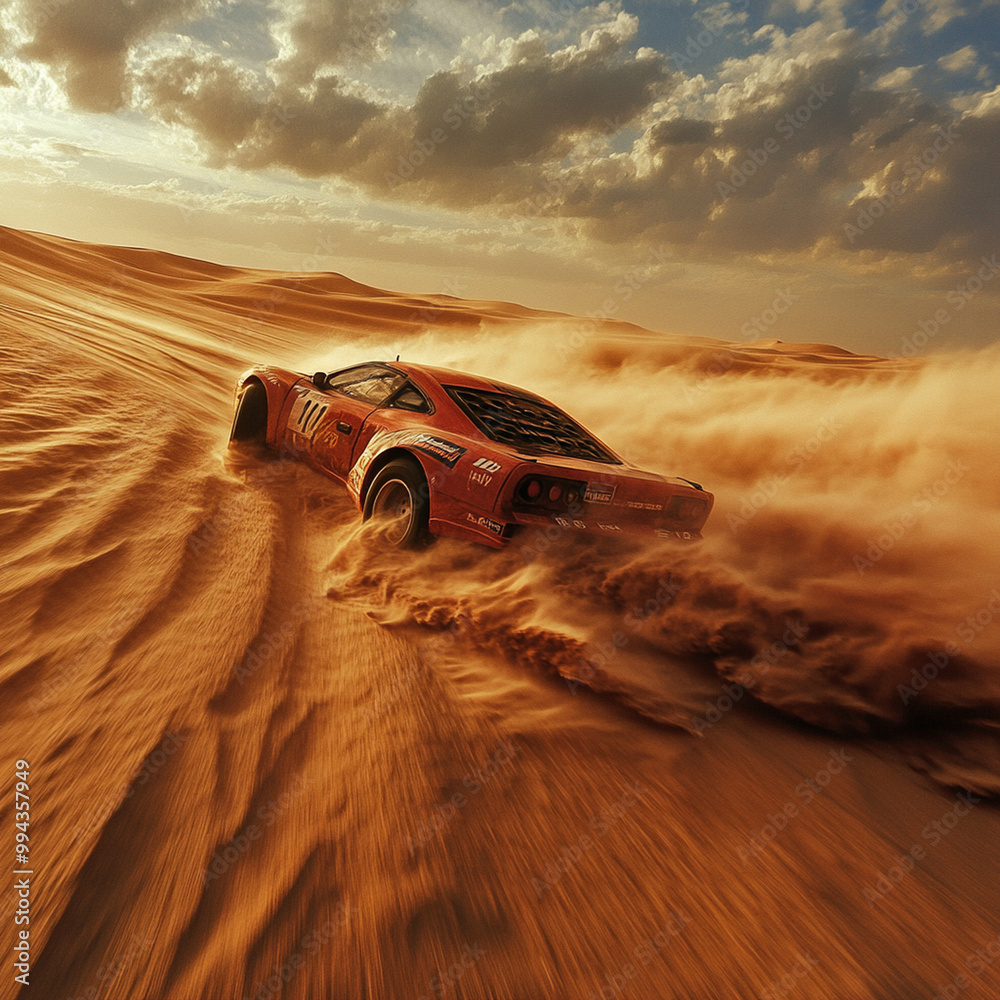 A powerful drift car races through golden sands of Arabic desert ...