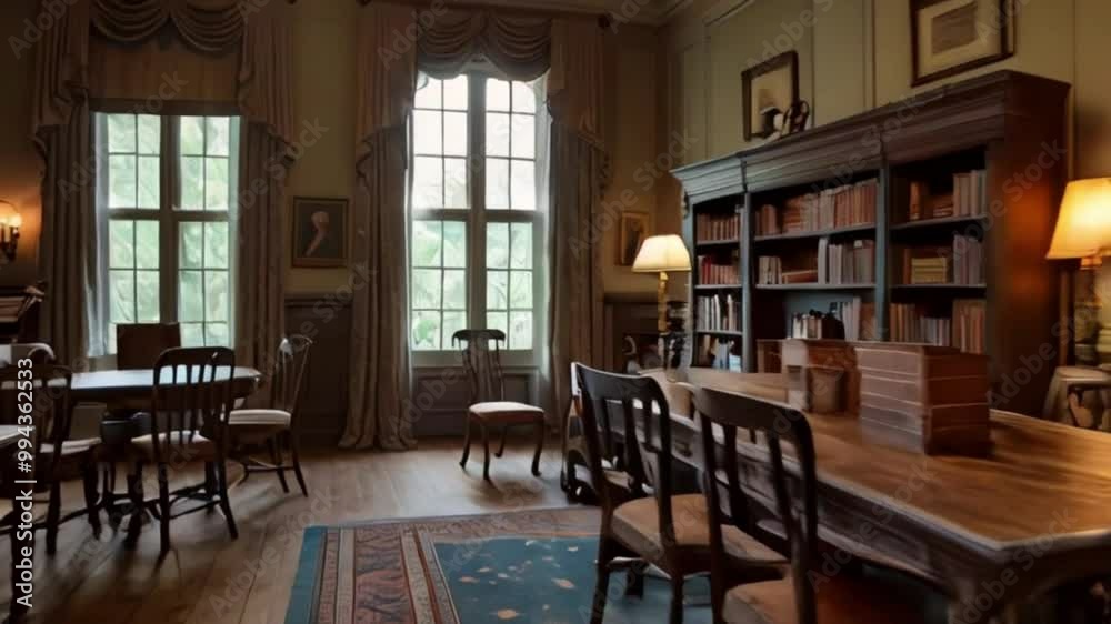 Depict a quiet library with books and artifacts showcasing the history ...