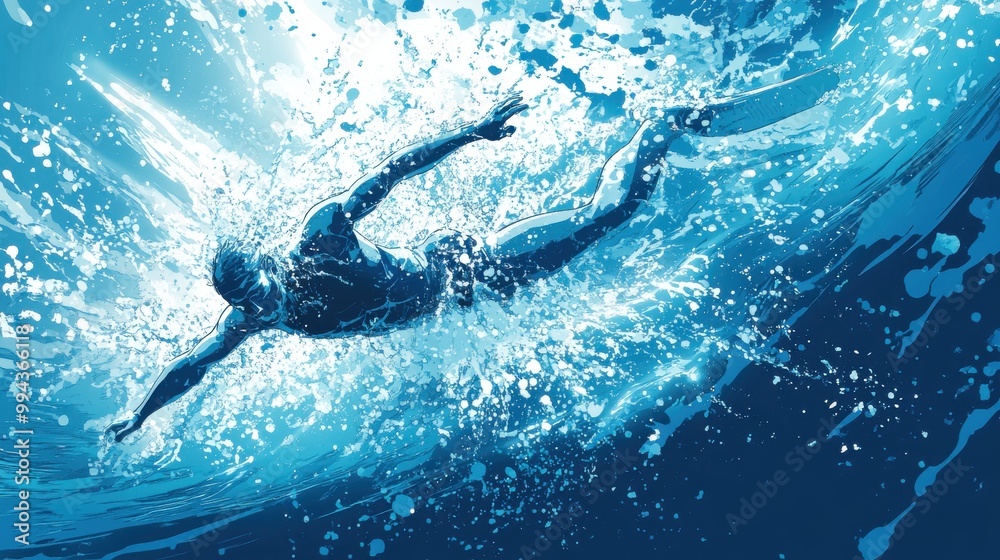 Dynamic comic book-style illustration of a swimmer cutting through ...