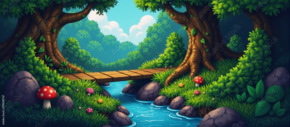 A vintage pixel art jungle path for retro 16-bit RPG wilderness ...