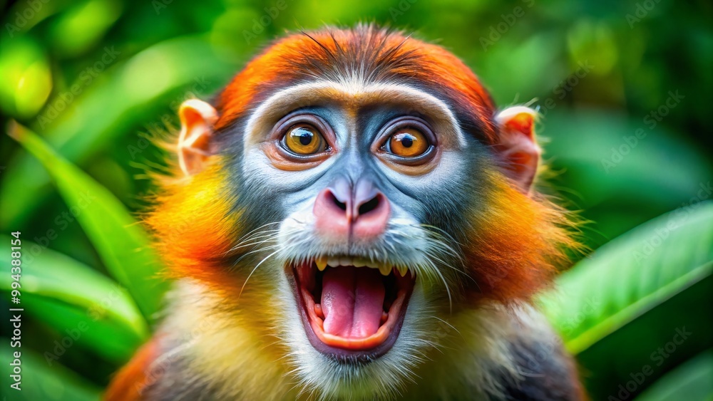 Playful monkey making funny faces in a lush green jungle, capturing the ...