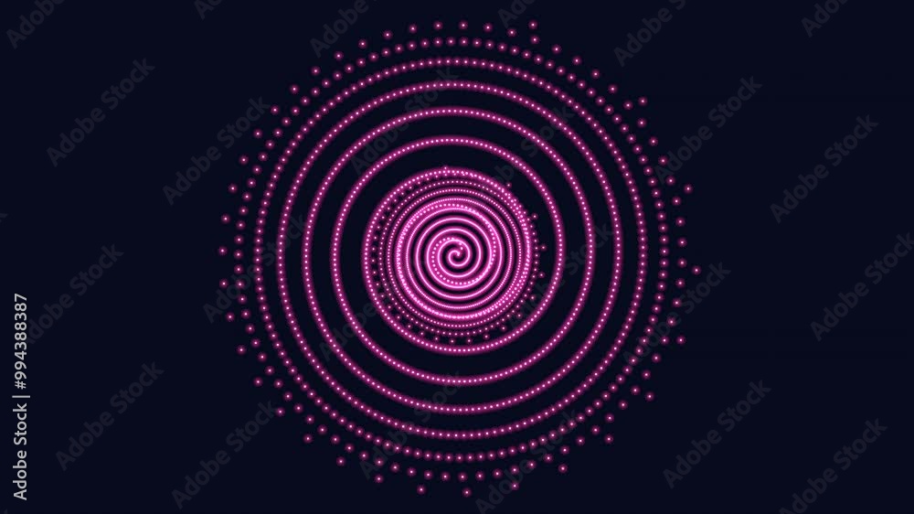 Circular pink dots on a black background form a spiral pattern with ...