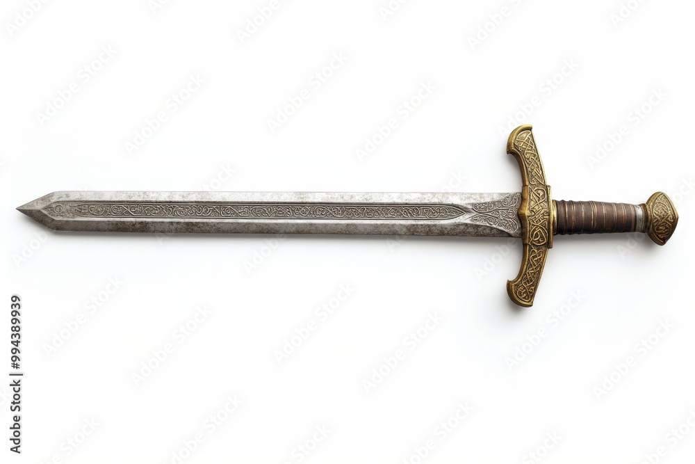 Medieval sword laying on white background exhibiting ornate hilt and ...