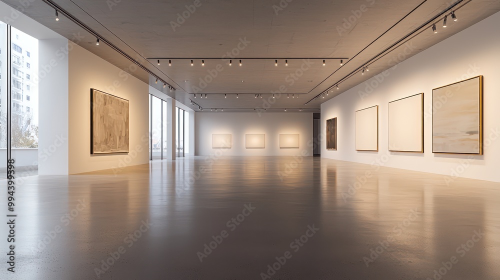 A minimalist art gallery with wide open spaces, smooth concrete floors ...