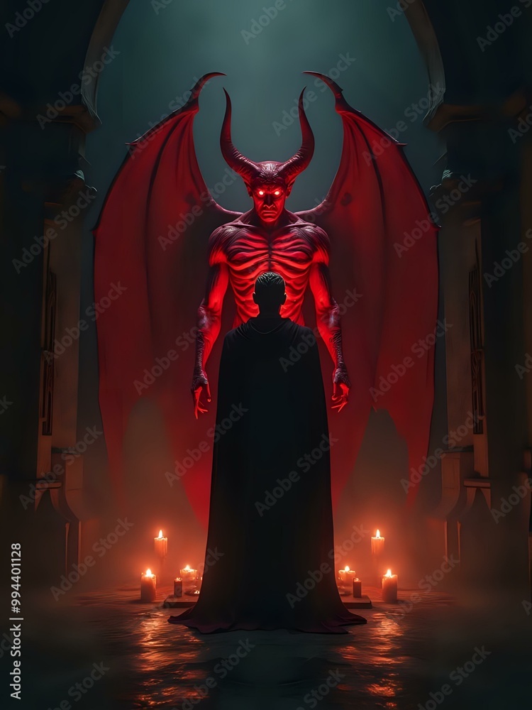 Devil and angel characters in a cartoon style, with the devil depicted at night surrounded by ...