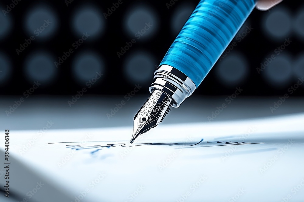 A hyper-realistic close-up of a pen writing in a journal, capturing the ...