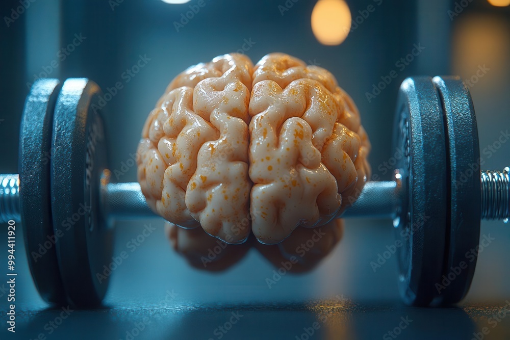 a brain lifting weights in a gym setting symbolizing mental growth and ...