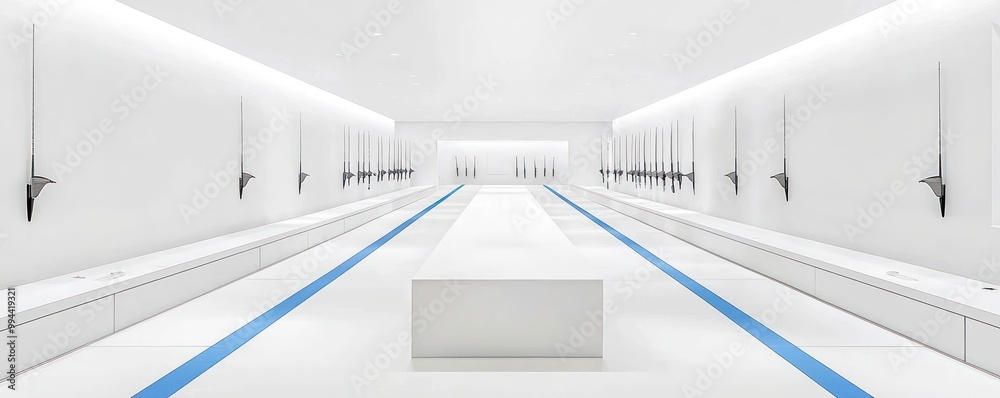 A minimalist fencing academy with stark white walls, blue piste lines ...