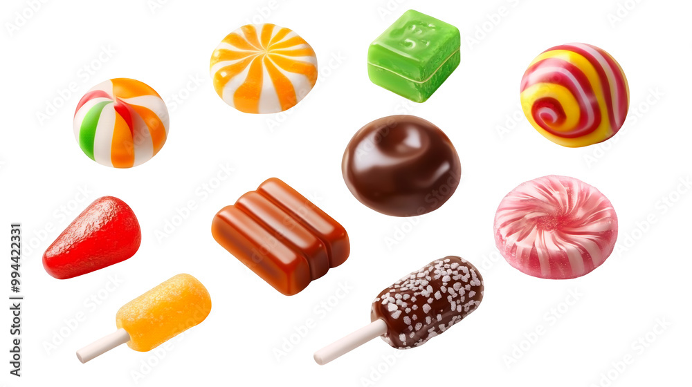 Different candies placed in a flat layout isolated on a transparent ...