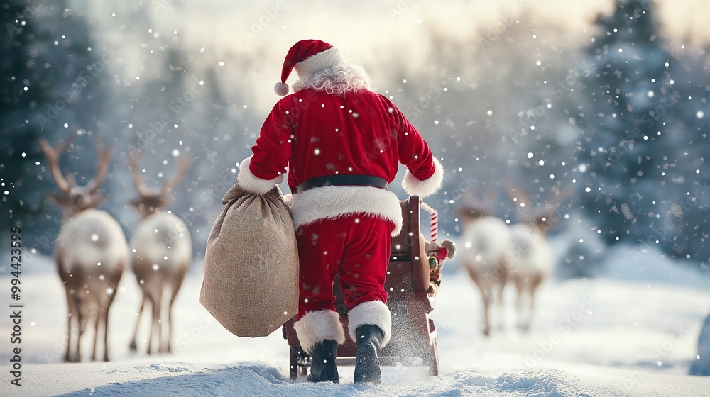 Santa Claus walking away from the camera in a snowy forest with a sack ...