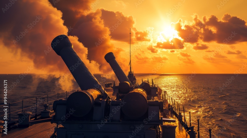 Powerful naval cannons silhouette against a blazing sunset, casting ... Powerful naval cannons silhouette against a blazing sunset, casting ...