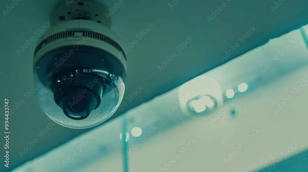 A ceiling-mounted security camera with a clear dome captures a well-lit ...
